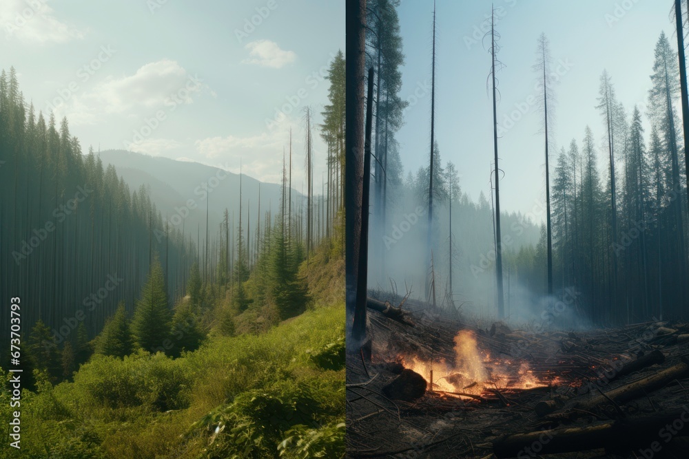 Comparative images showing a vibrant, green forest alongside the same ...