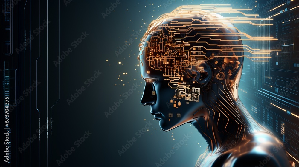 Human cyborg with circuit pattern on head against cyberspace backdrop ...