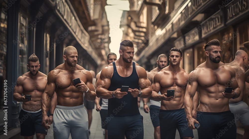 Foto de A group of handsome bodybuilders walking in the street busy and ...