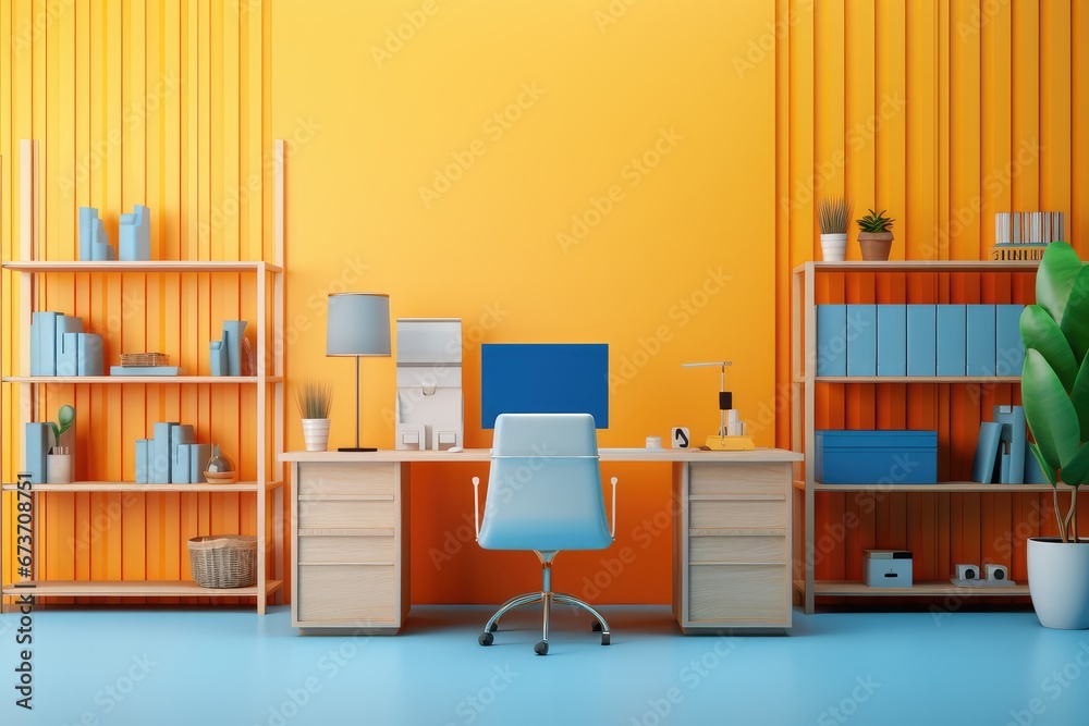 Modern office interior with yellow walls, blue floor, orange computer ...