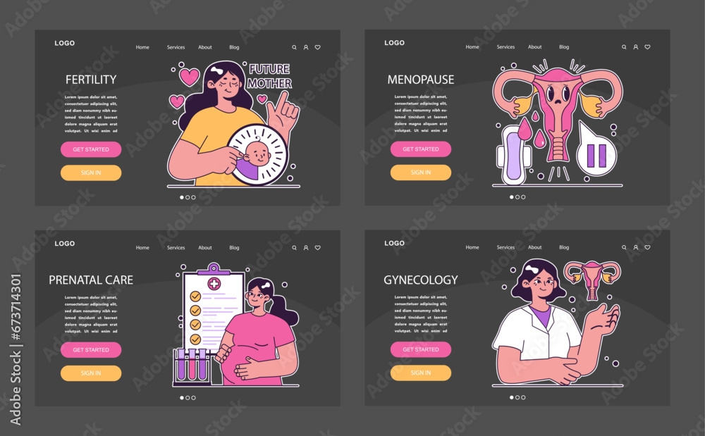 Reproductive health dark or night mode web or landing set. Pregnancy ...