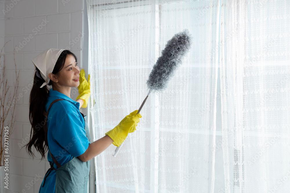 Professional housekeeper services company team working at customer ...