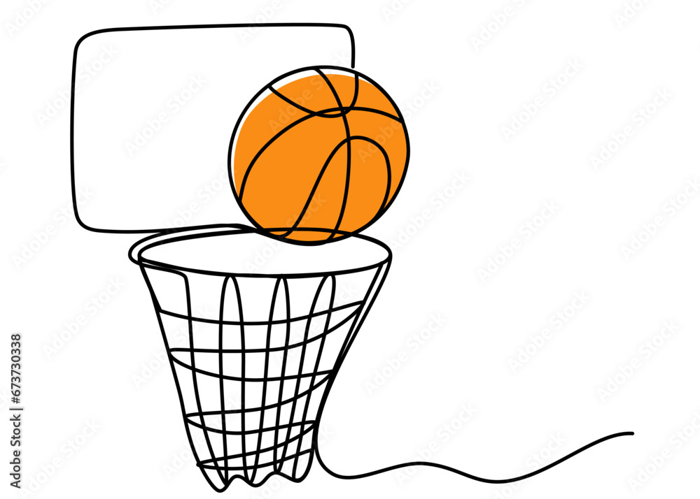 One continuous line drawing of basketball hoop with a ball. Sport ...