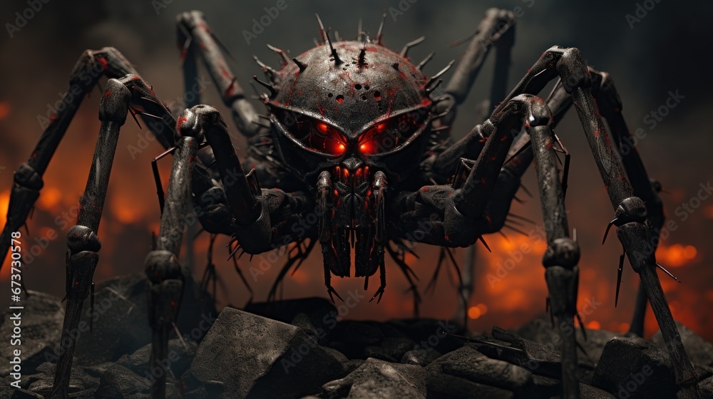 black and red spider with bright furious eyes sitting on leaf, and its ...