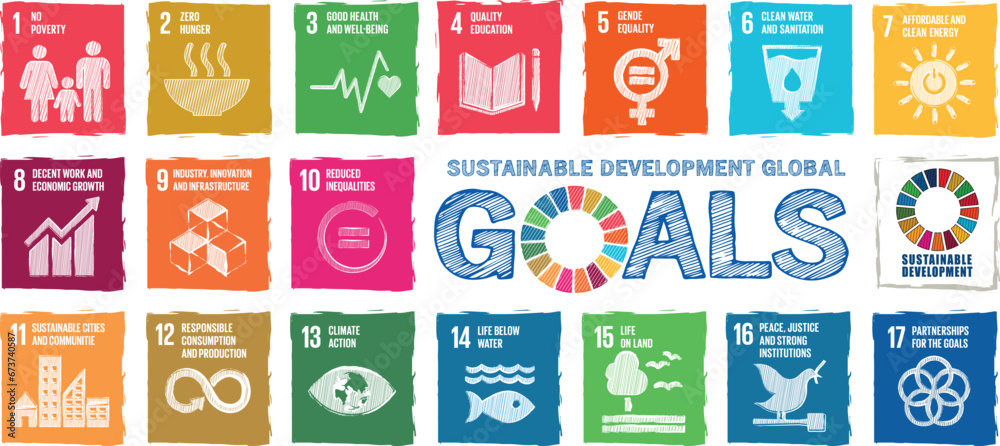Sustainable Development global goals icon set chock board sketch ...
