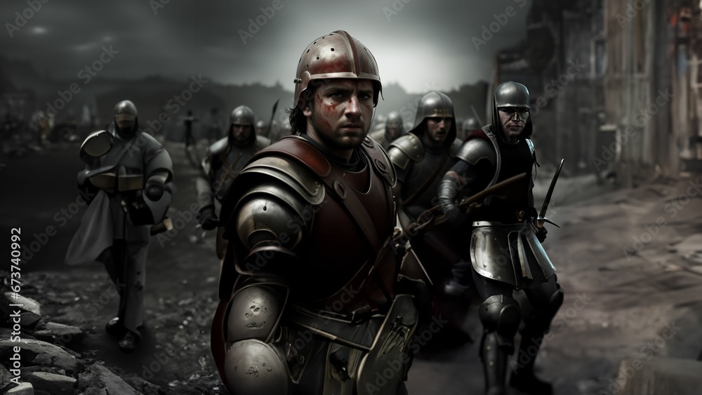 AI-generated illustration of A group of medieval knights are walking in ...