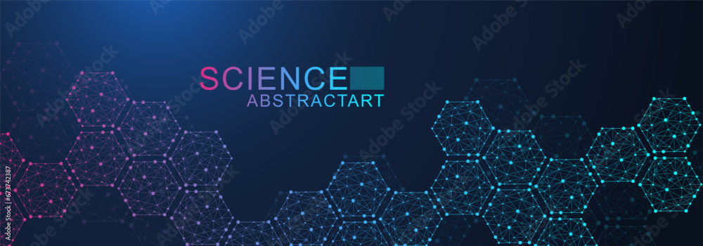Modern scientific background with hexagons, lines and dots. Wave flow ...