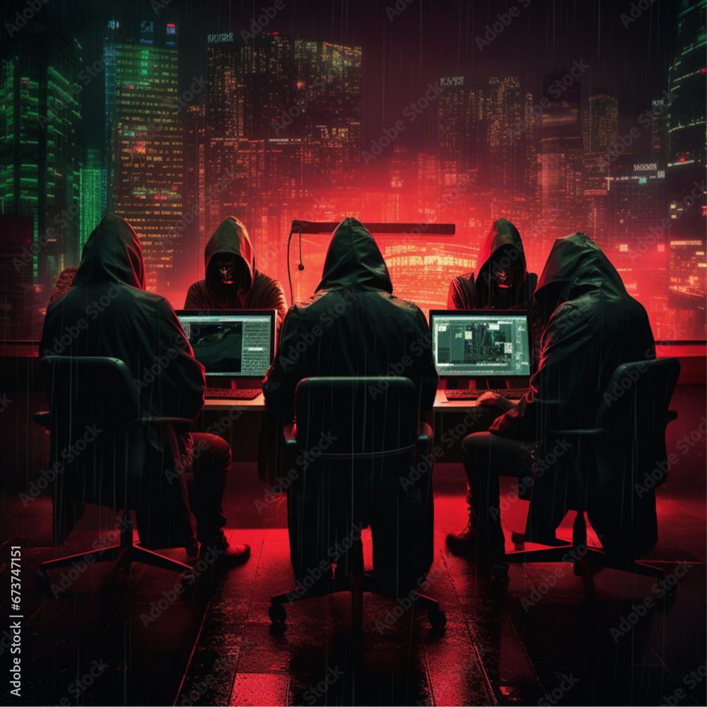 a ransomware hacker group in a command room with matrix rain background ...