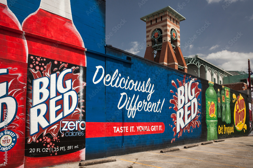 Soda brand mural on a public parking wall, Minute Maid Park District in ...