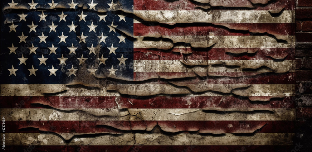 The concept of the American flag on a crumbling wall, representing the ...