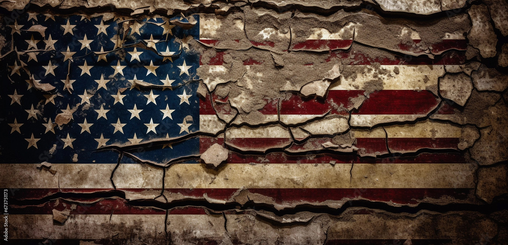 The concept of the American flag on a crumbling wall, representing the ...