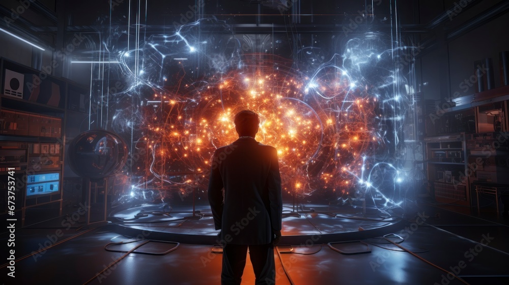 Futuristic inventor facing an invention that is the gateway to the real ...