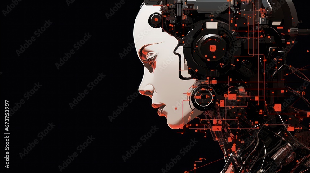 Digital art image of a female robot with wires and circuitry and ...