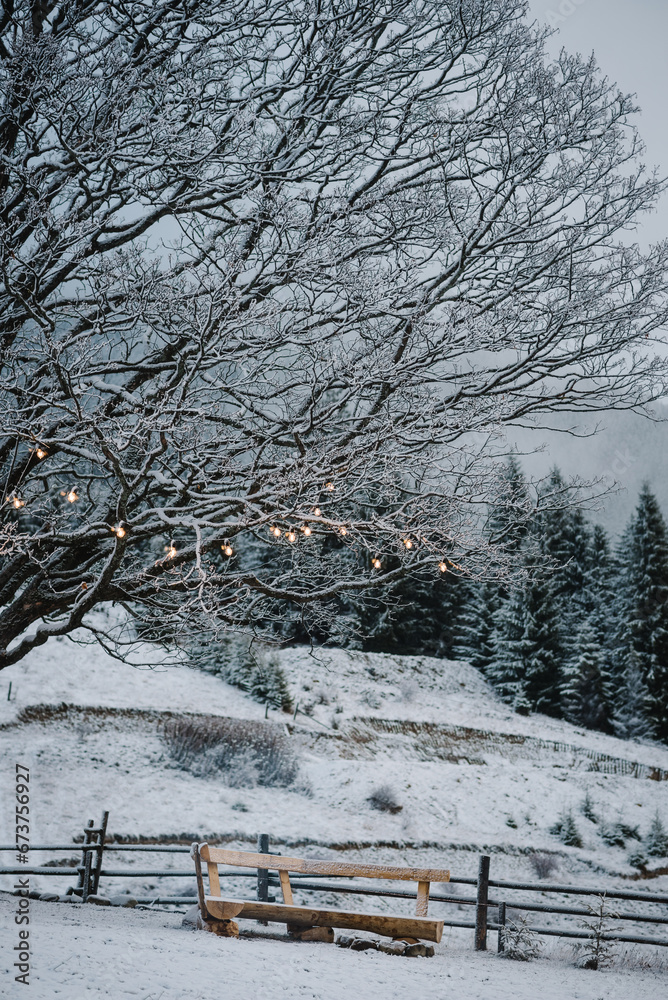 Winter. A place with a bonfire in backyard of house. Cabin terrace with ...