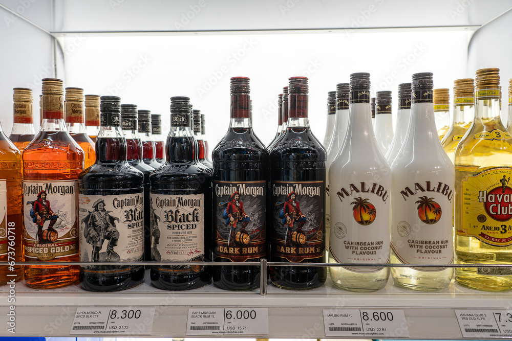 Bottles of Captain Morgan white rum on a shelf at duty-free shop at the ...