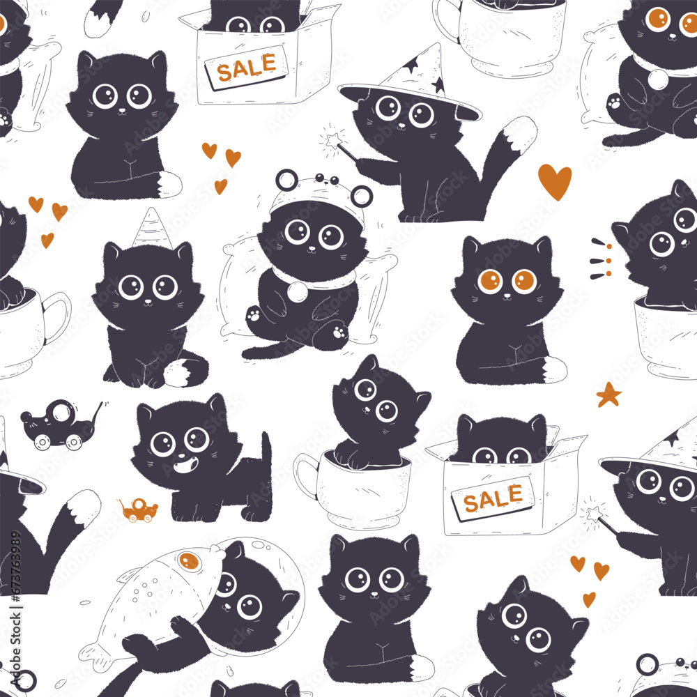 Cats vector cartoon seamless pattern background for wallpaper, wrapping ...