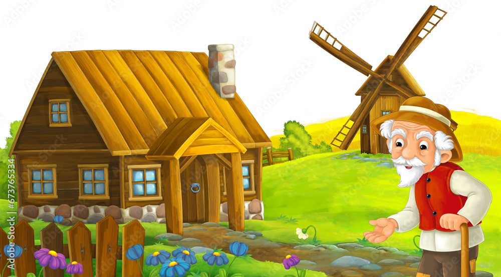 cartoon scene with farmer near the village house medieval ranch ...