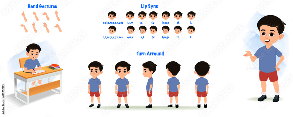 A student character model sheet. School boy creation set. Student ...