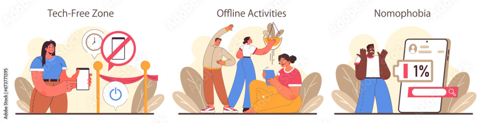 Digital detox set. Characters practicing mindfulness, reducing screen ...