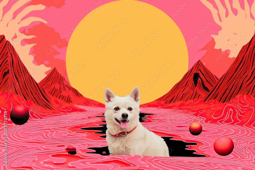 A white Chihuahua dog seated in the foreground on a pink, viscous ...