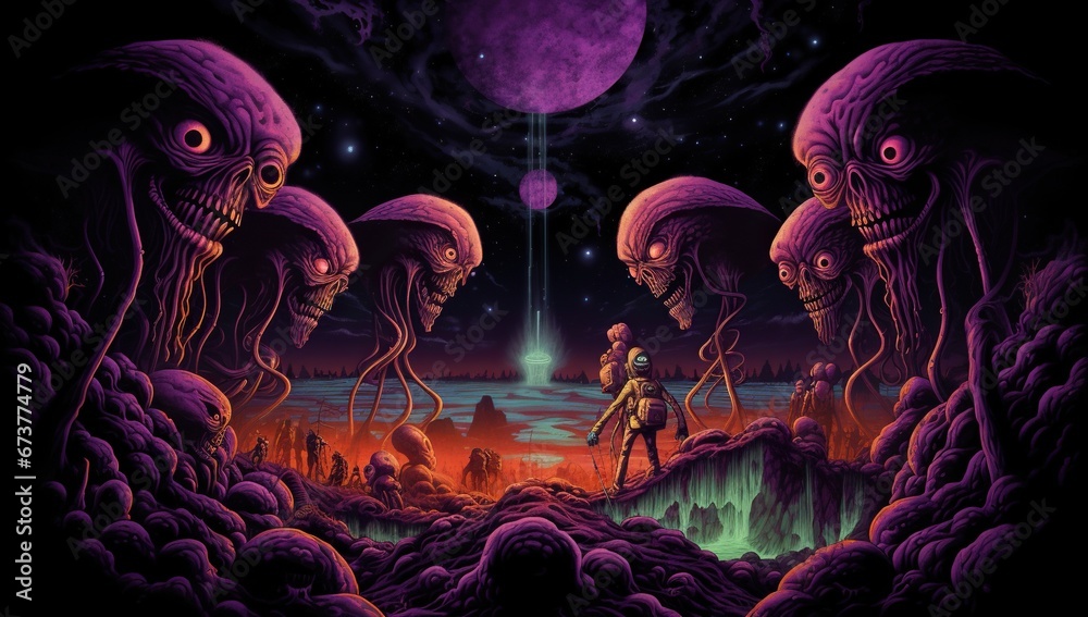 In an enchanted purple-night landscape illuminated by two moons, an ...