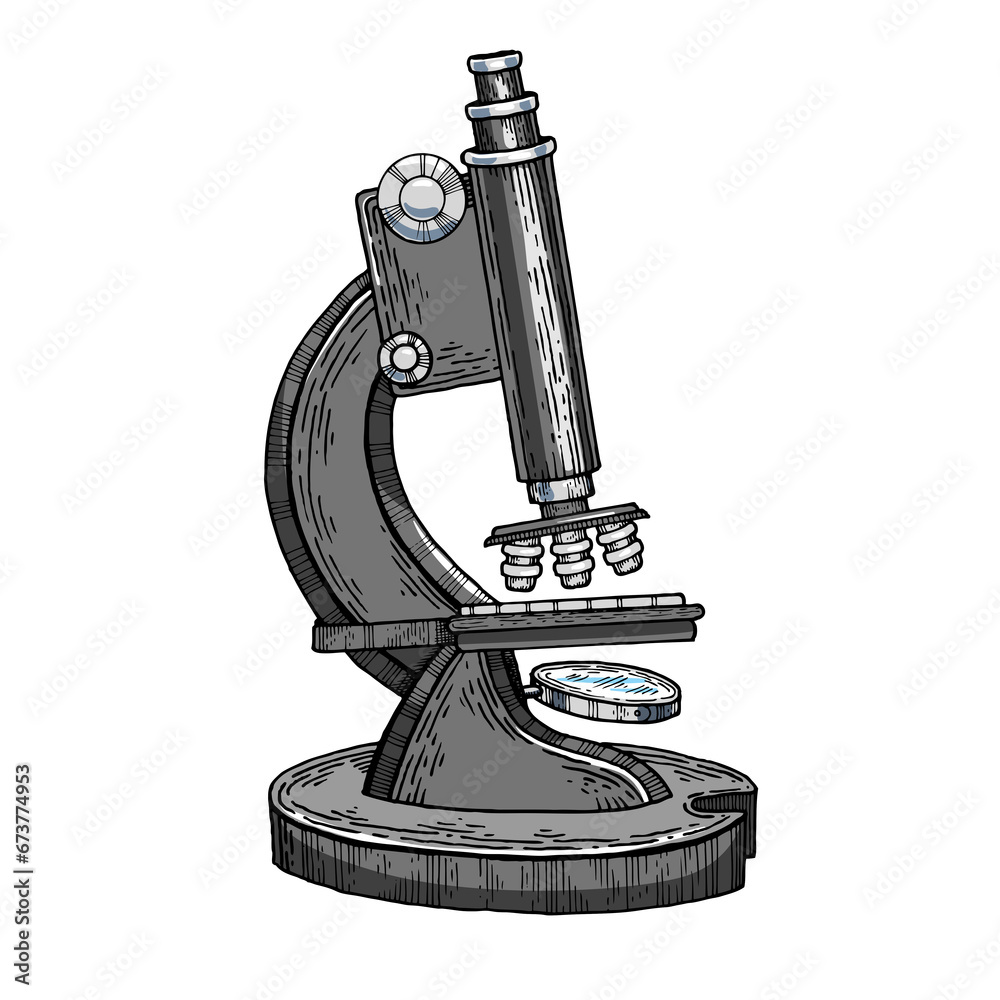Vintage microscope engraving sketch style hand drawn color raster ...