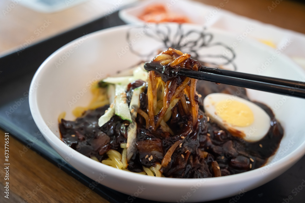 Delicious Jajangmyeon, jjajangmyeon, Korean-style Chinese noodle dish topped with thick sauce in ...