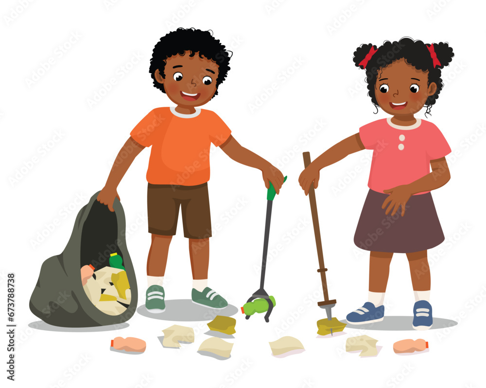 Cute little African kids collecting plastic bottles and papers waste ...