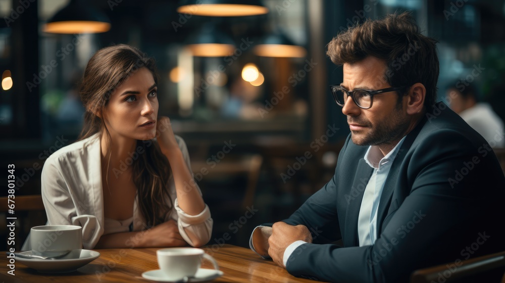 Business managers having a tense conversation at a cafe with visible ...