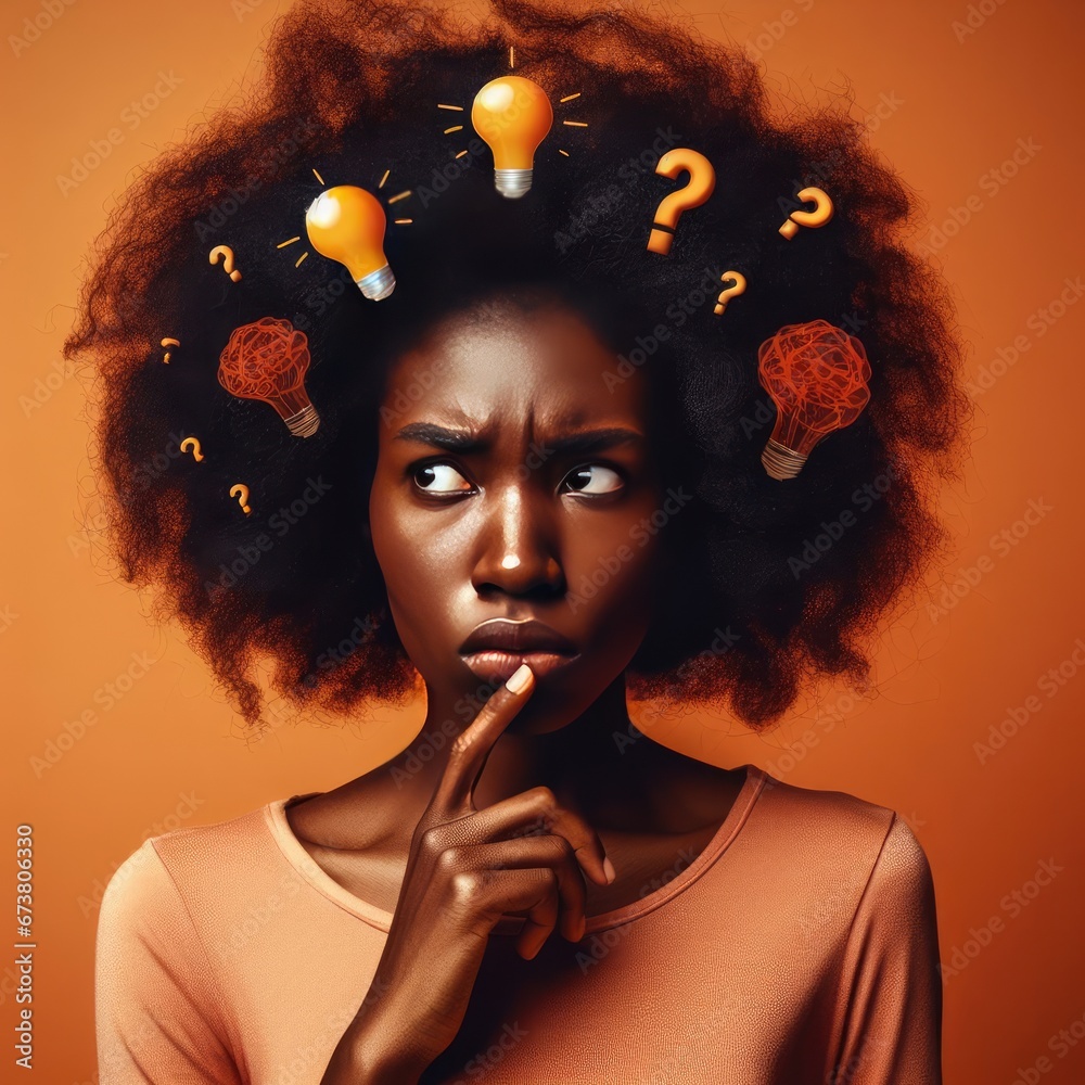 woman thinking and confused with question mark looking up with ...