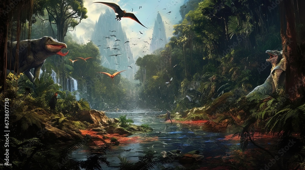Man exploring a jungle exoplanet with gigantic and unknown animals ...