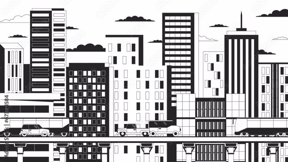 Evening traffic vehicles highway bw outline cartoon animation. Dusk ...