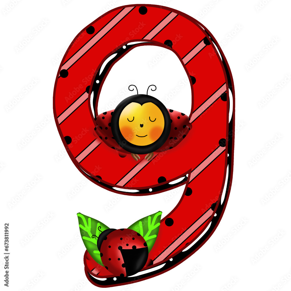 Number nine, ladybug pattern The image has a white background and is ...