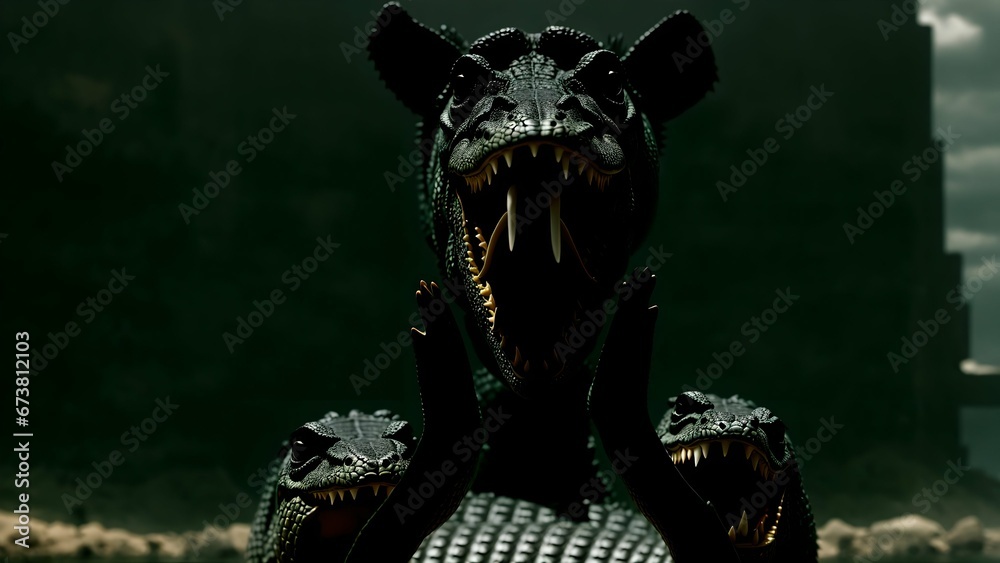 Three-headed alligator, dark fantasy art, supernatural monster concept ...
