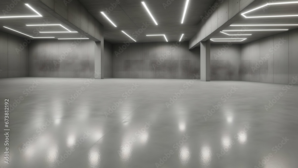 Spacious, minimalist interior of a modern gallery with reflective ...