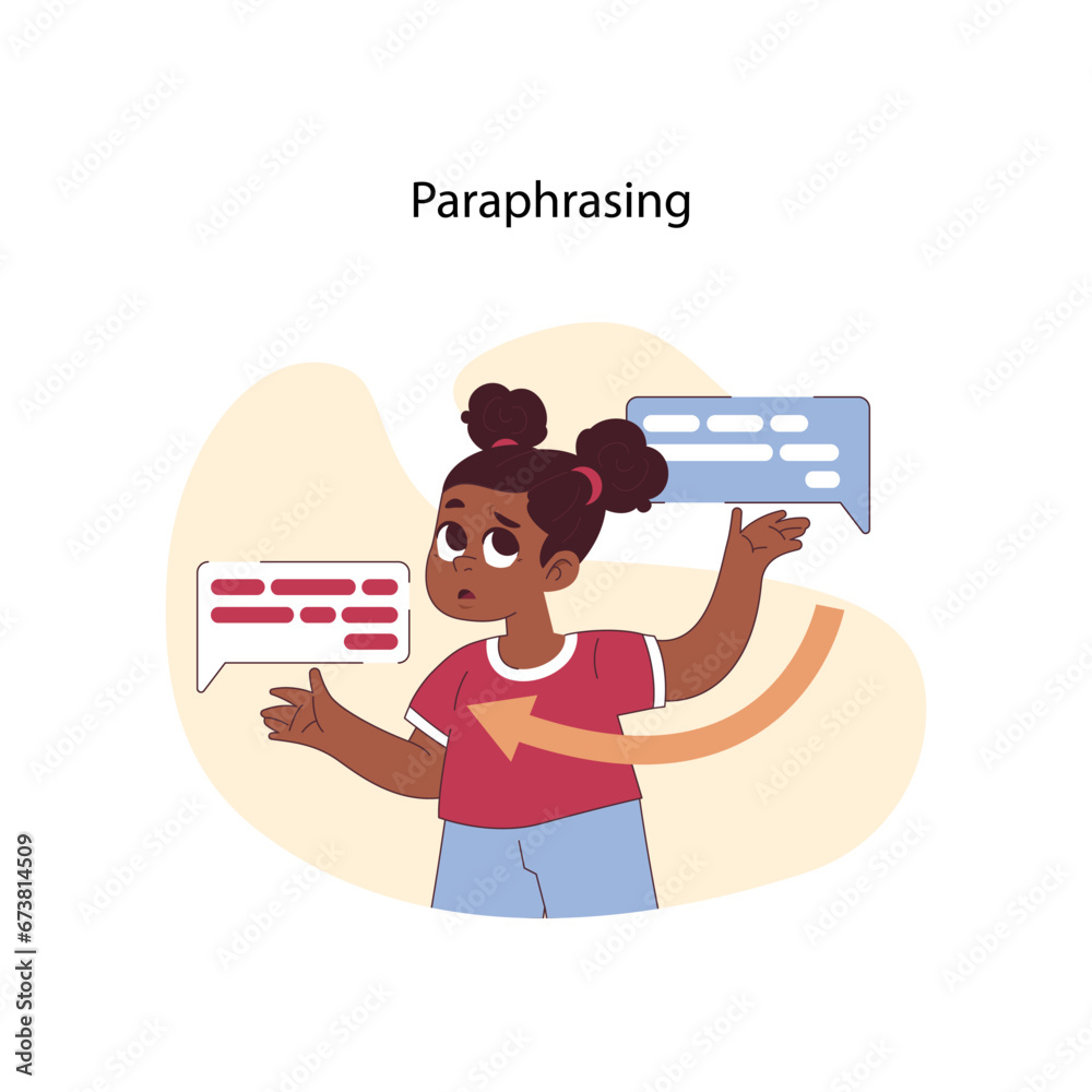 Paraphrasing concept. Young girl compares two messages, showcasing the ...