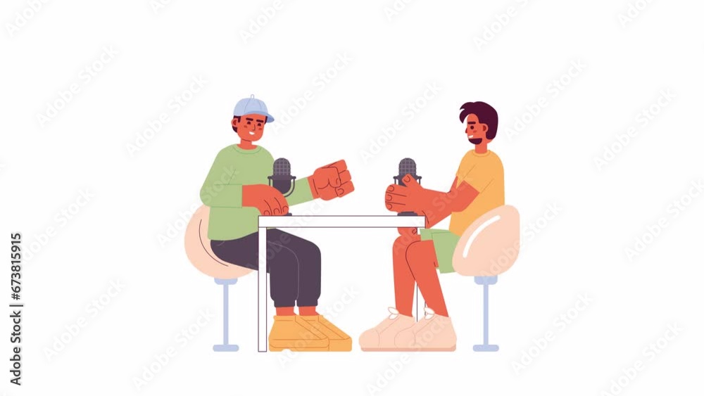 Best friends men podcasters 2D characters animation. Young adult guys ...