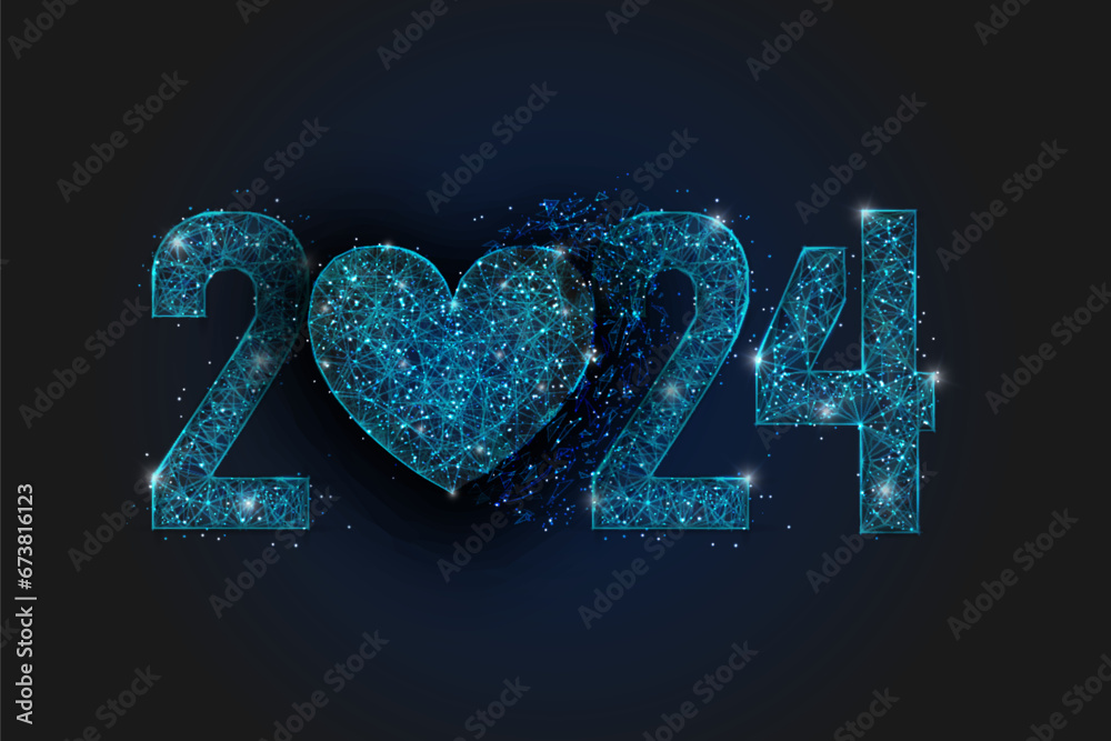 Abstract isolated blue image of new year number 2024. Polygonal low ...