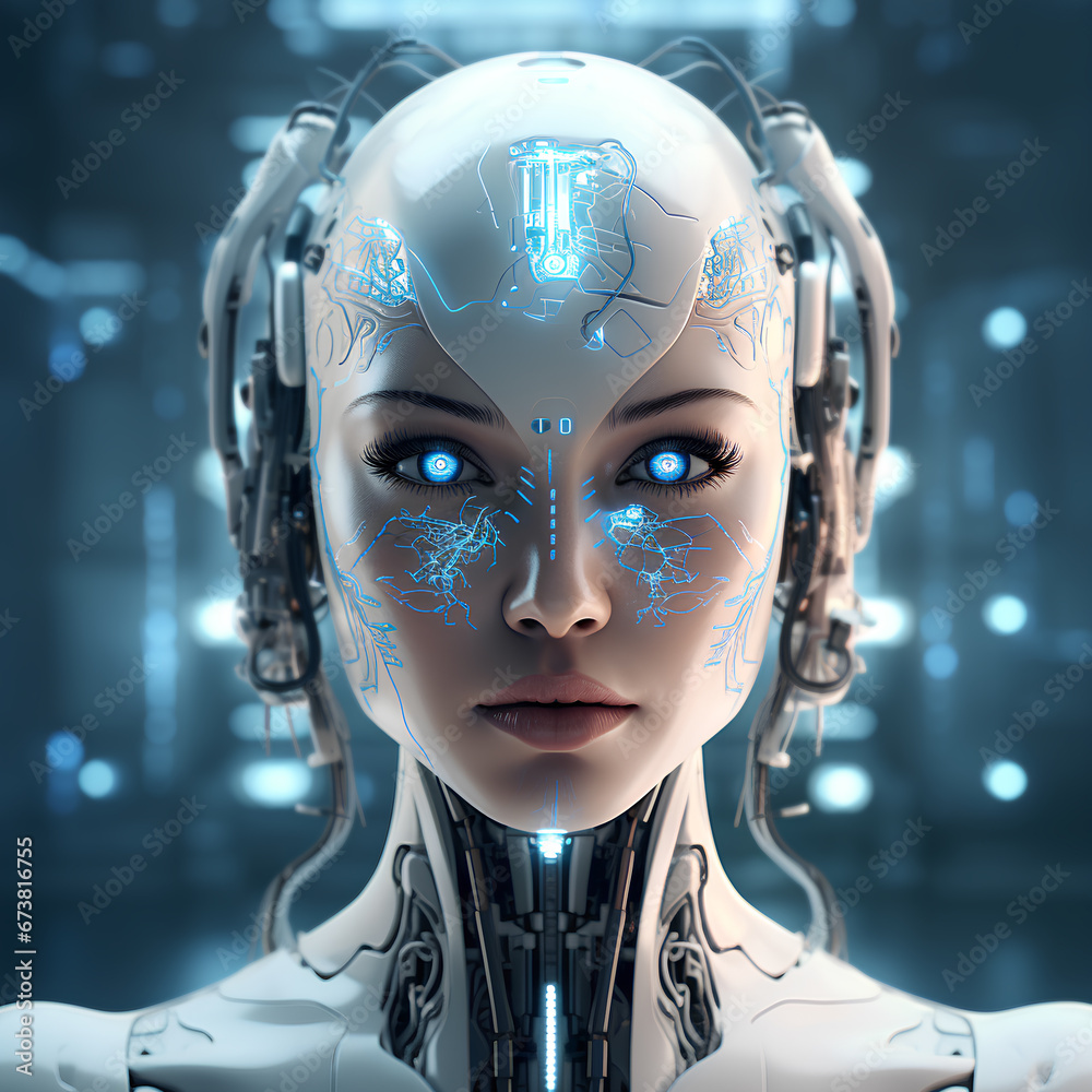 Futuristic hybrid cyborg beauty female white robot with artificial ...