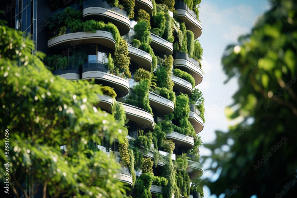 Sustainable green building in modern city. Green architecture. Eco ...