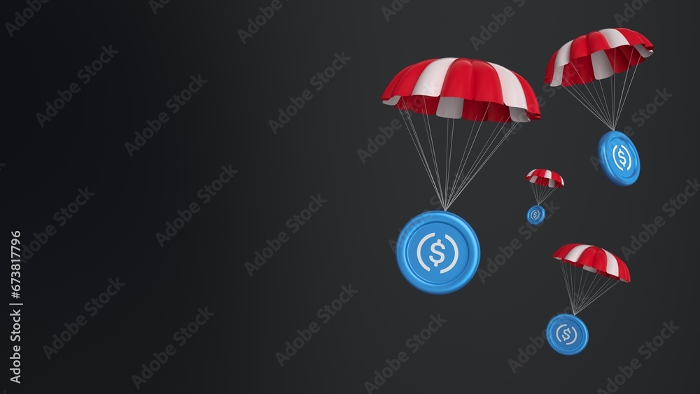 usdc, USD Coin, airdrop coins falling for a cryptocurrency concept ...