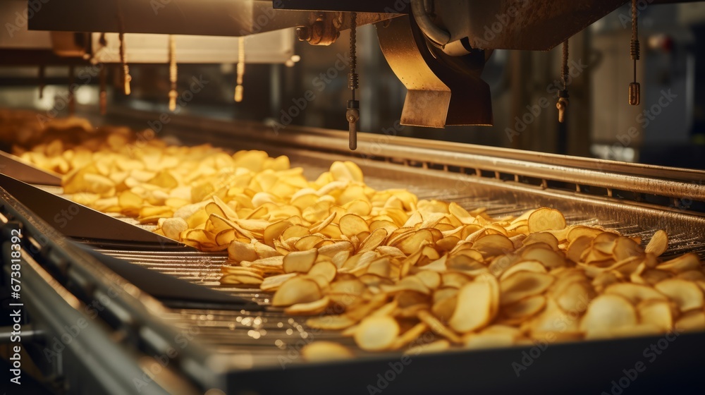 conveyor belt in a factory where potato chips are being processed. The ...
