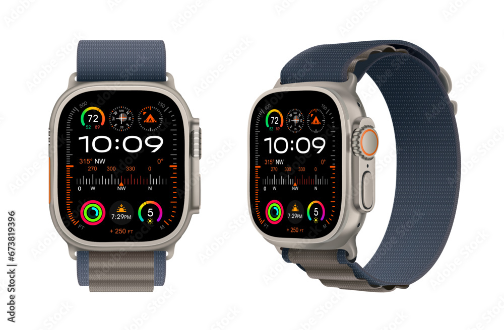 Titanium Apple Watch Ultra 2 Series device with Alpine Loop band, on ...