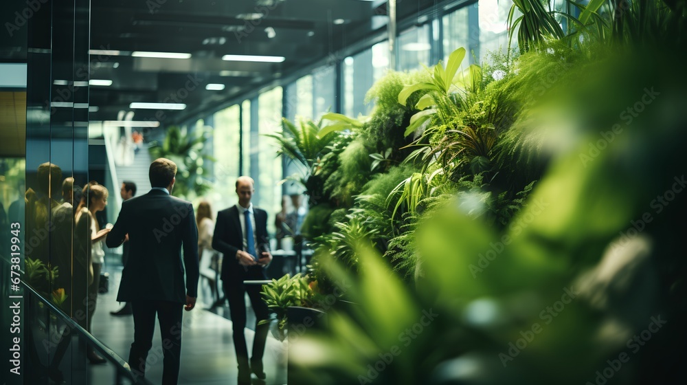 Green office walls with plants. Employee wellness and nature friendly ...