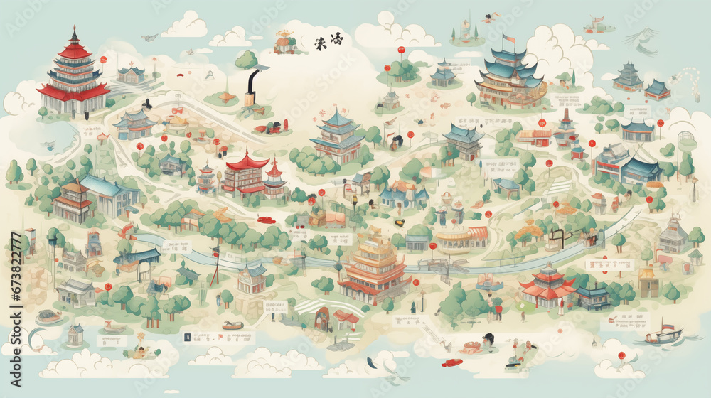 Adorable Watercolor Cartoon Illustration of Tokyo City Map, Japan Stock ...