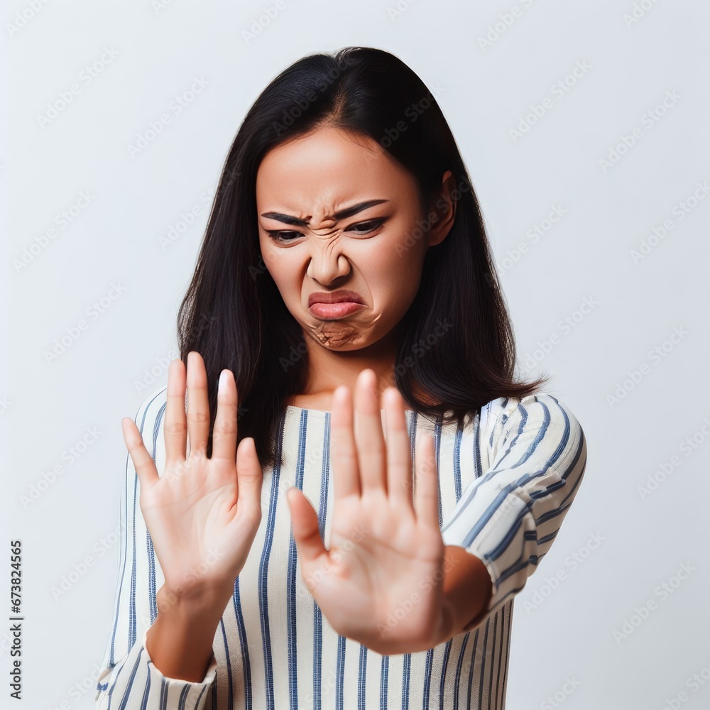 The girl with disgust on her face refuses showing a stop gesture with ...