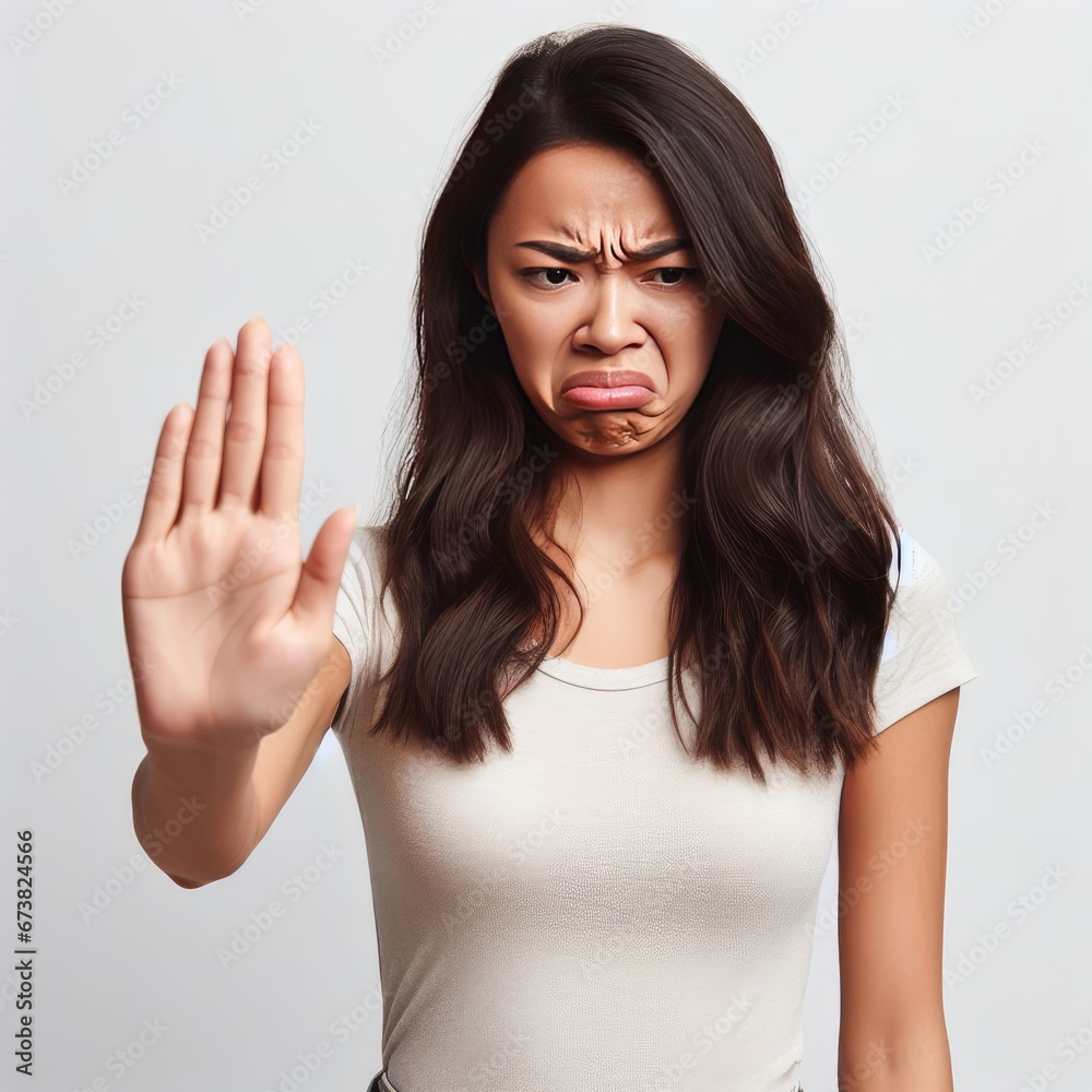 The girl with disgust on her face refuses showing a stop gesture with ...