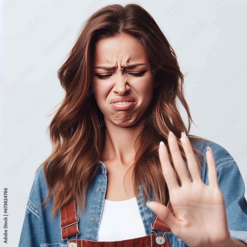 The girl with disgust on her face refuses showing a stop gesture with ...