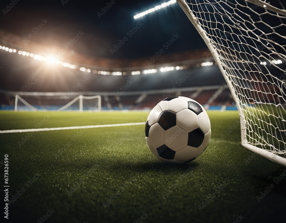 Soccer ball flew into net of the goal. Soccer ball bends the net inside ...