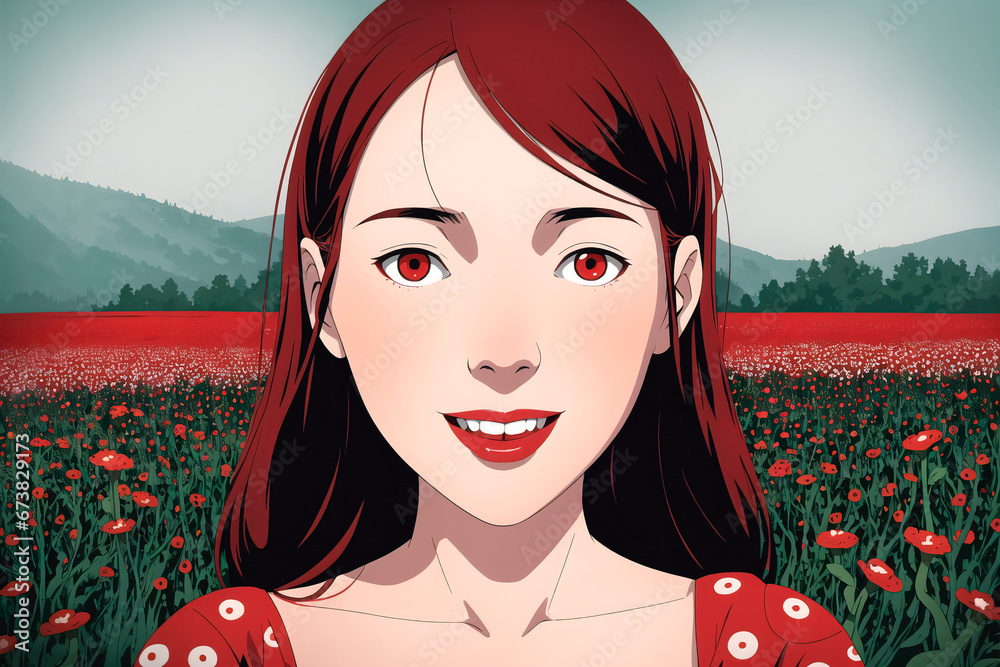 Beautiful Woman In Red Dress Standing In Poppy Field Stock Illustration Adobe Stock